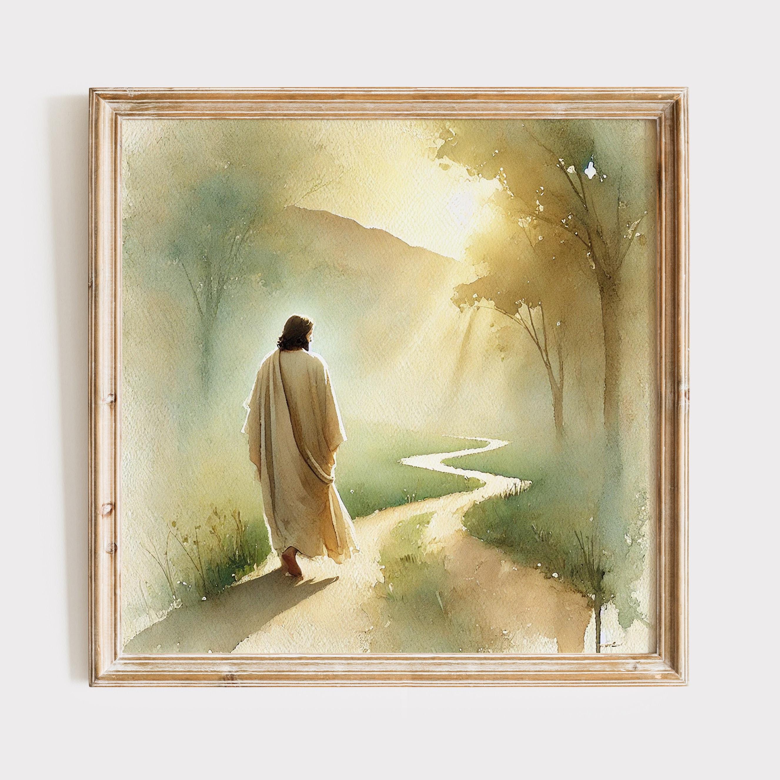 Jesus Walking the Path Watercolor Painting, Jesus Waking to the Light ...