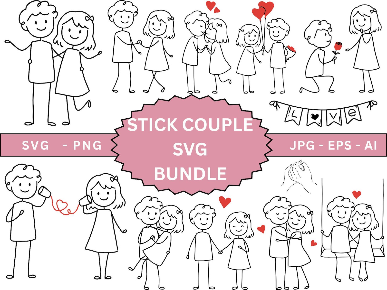 Stick Lovers Svg Bundle, Stick Couples Clipart Vector, Couple in Love ...
