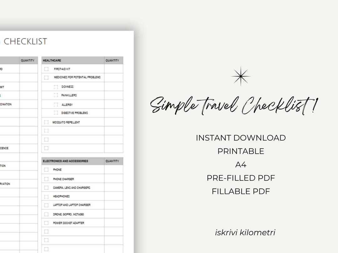 Travel Packing List – Printable | Pre-trip Checklist | Packing Organizer | Vacation Preparation ...