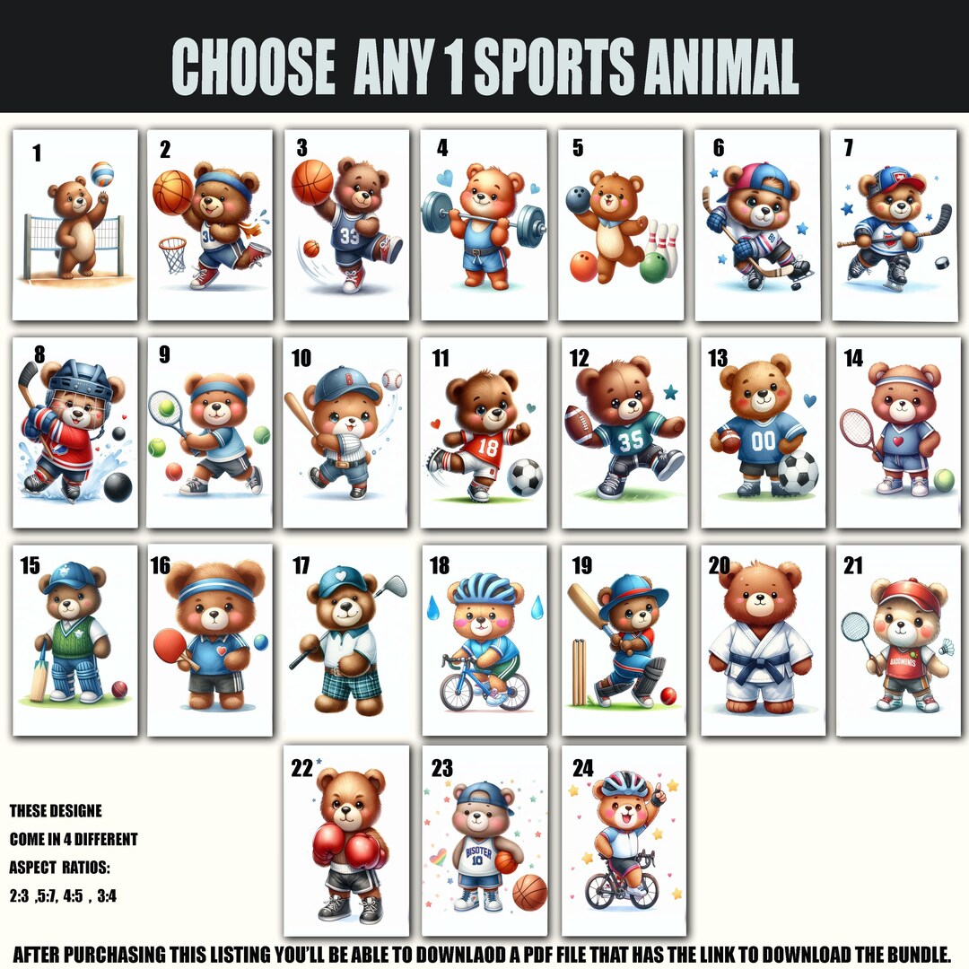 Sports Animal Nursery Print, Teddy Bear Sports Decor (digital Download ...
