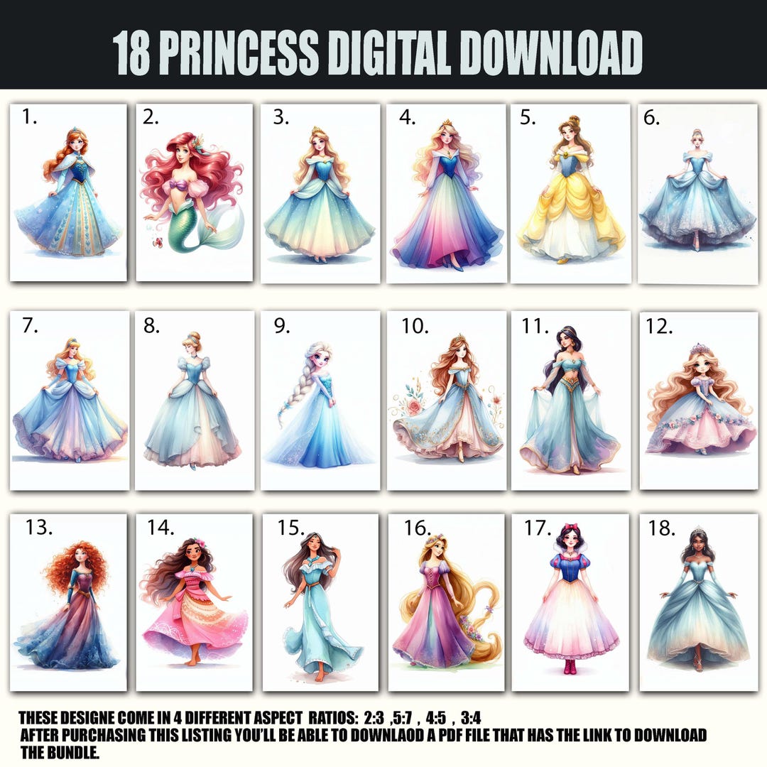 Set of 18 Posters Bundle, Printable Wall Art Decor, Princess Art ...