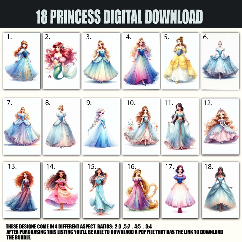 Set of 18 Posters Bundle, Printable Wall Art Decor, Princess Art ...