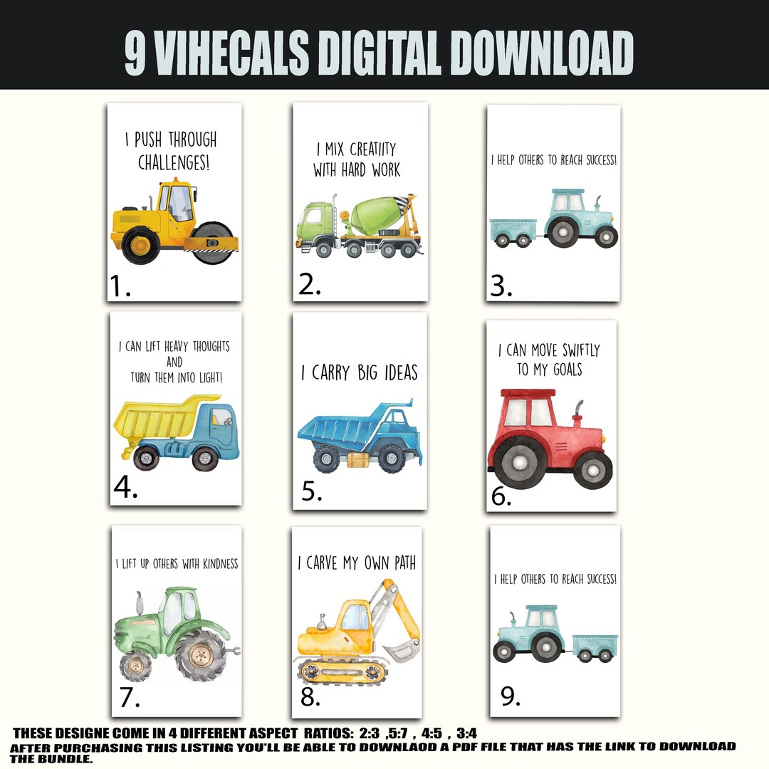 Set of 9 Construction Vehicle Nursery Art | Construction Vehicle ...