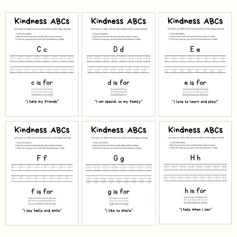 Kindness Abcs Tracing Worksheets for Kids | Handwriting Practice ...