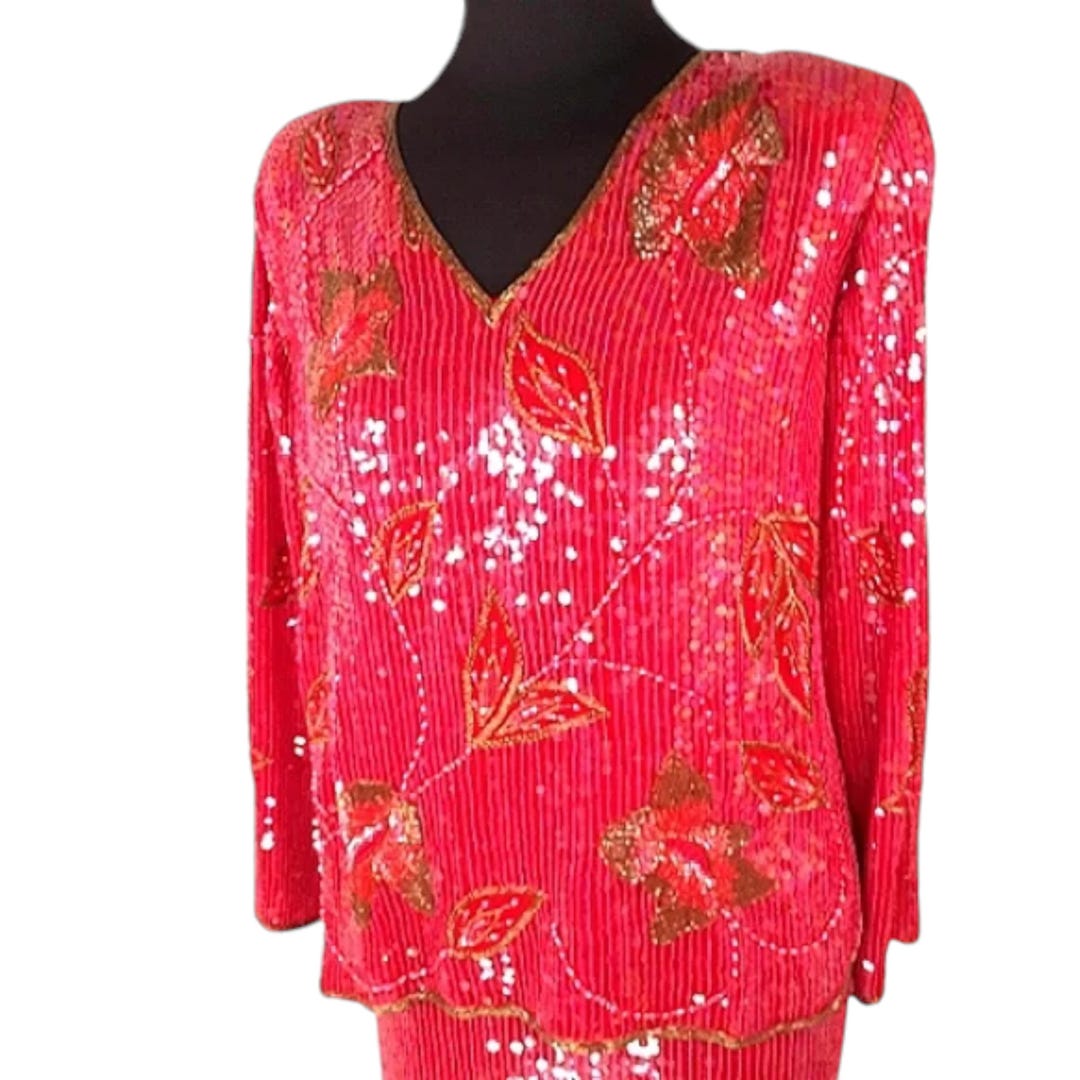 Red Gold Sequin Formal Tunic, Silk Statement, Top, Size Large L, Disco ...