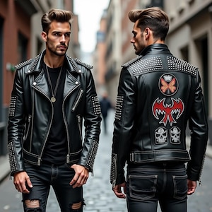 Handmade Black Leather Studded Jacket | Punk Rock Biker Jacket | Custom ...