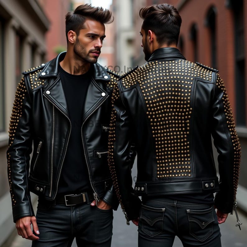 Handmade Black Leather Studded Jacket - Men's Rockstar Biker Coat ...