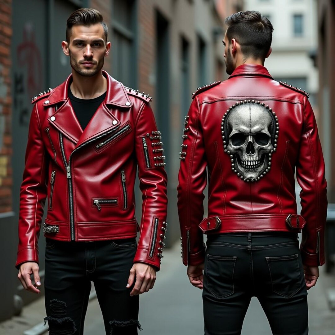 Men’s Handmade Red Leather Motorcycle Jacket – Studded, Spiked, & Hand ...