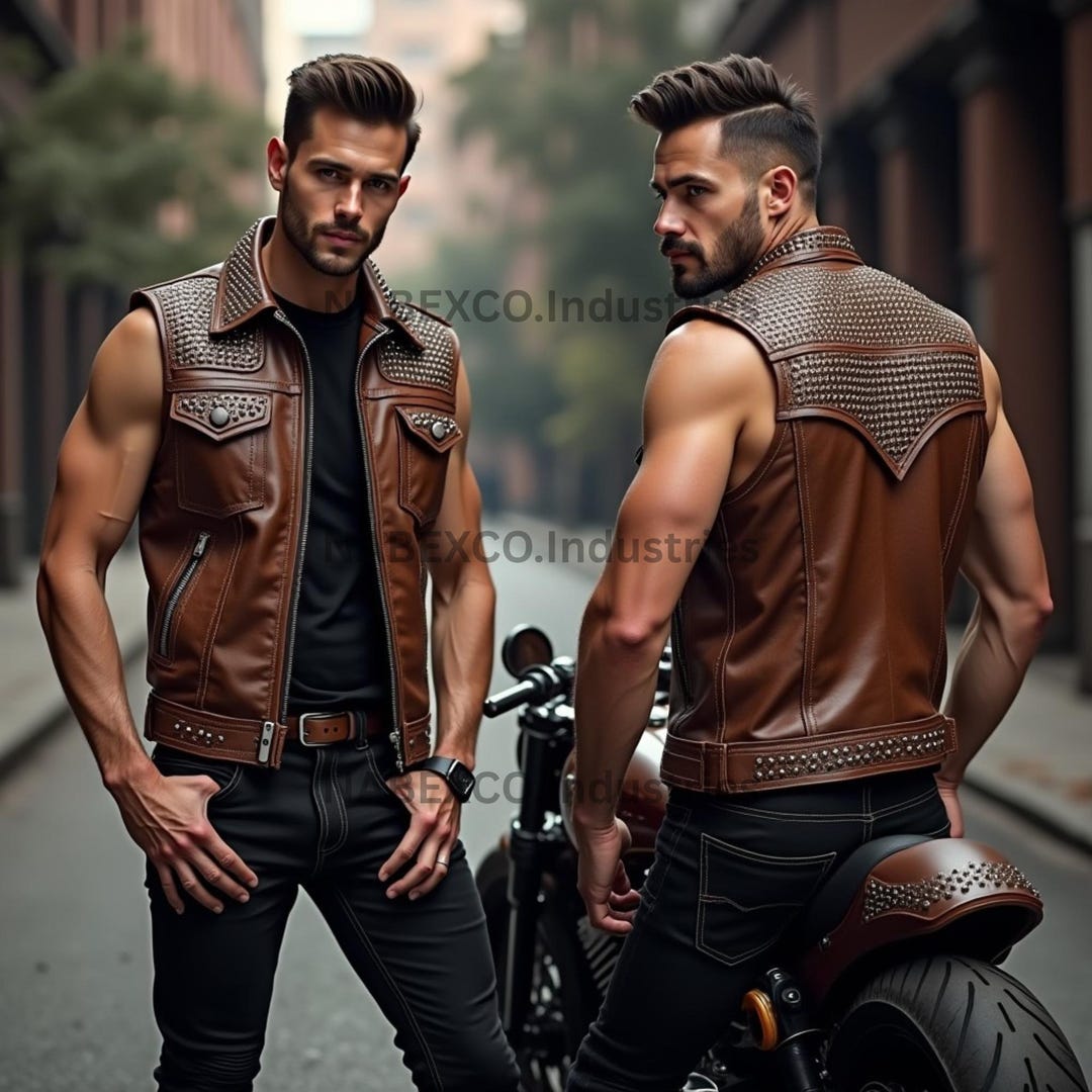 Men’s Brown Studded Leather Biker Vest – Sleeveless Punk Rock ...