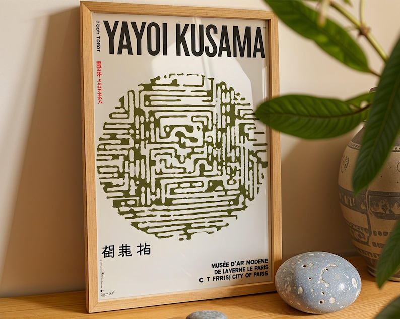 Yayoi Kusama Inspired Wall Art, Olive Green, Graphic, Circle Japandi ...
