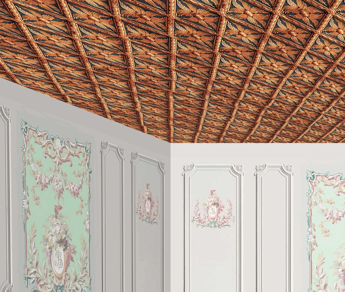 Dollhouse Coffered Ceiling Wallpaper, Miniature Ornamented Golden Tiled ...