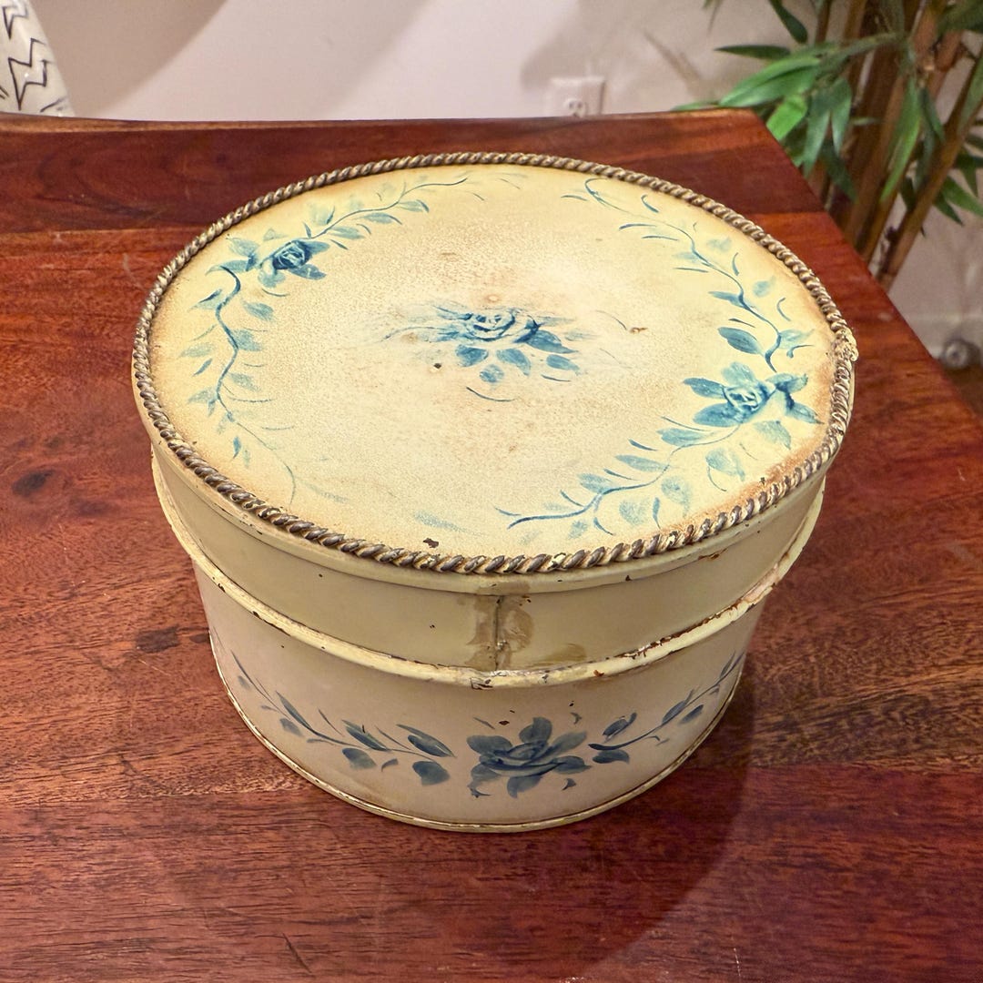 Mid Century Hand Painted Blue & Light Yellow Round Metal Storage Box ...