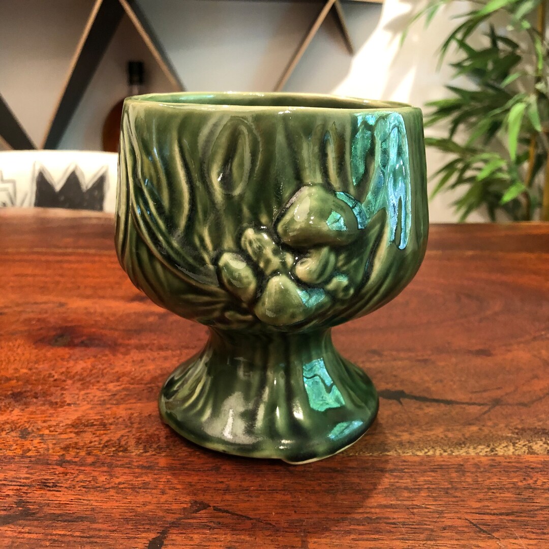 Mid Century Hunter Green Tree Stump With Mushrooms Goblet Planter ...