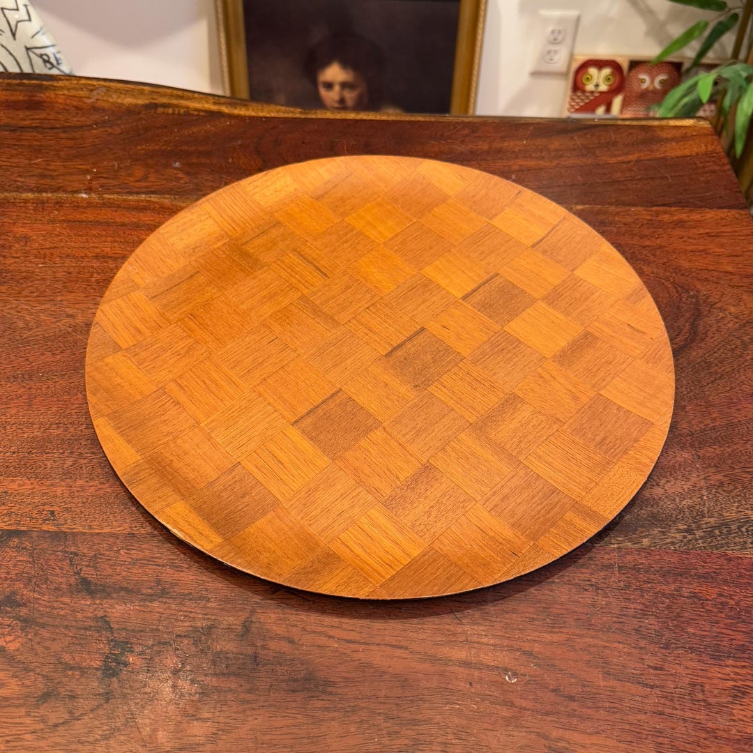 Vintage Large Pressed Wood 14" Round Teak Veneer Checkerboard Pattern ...
