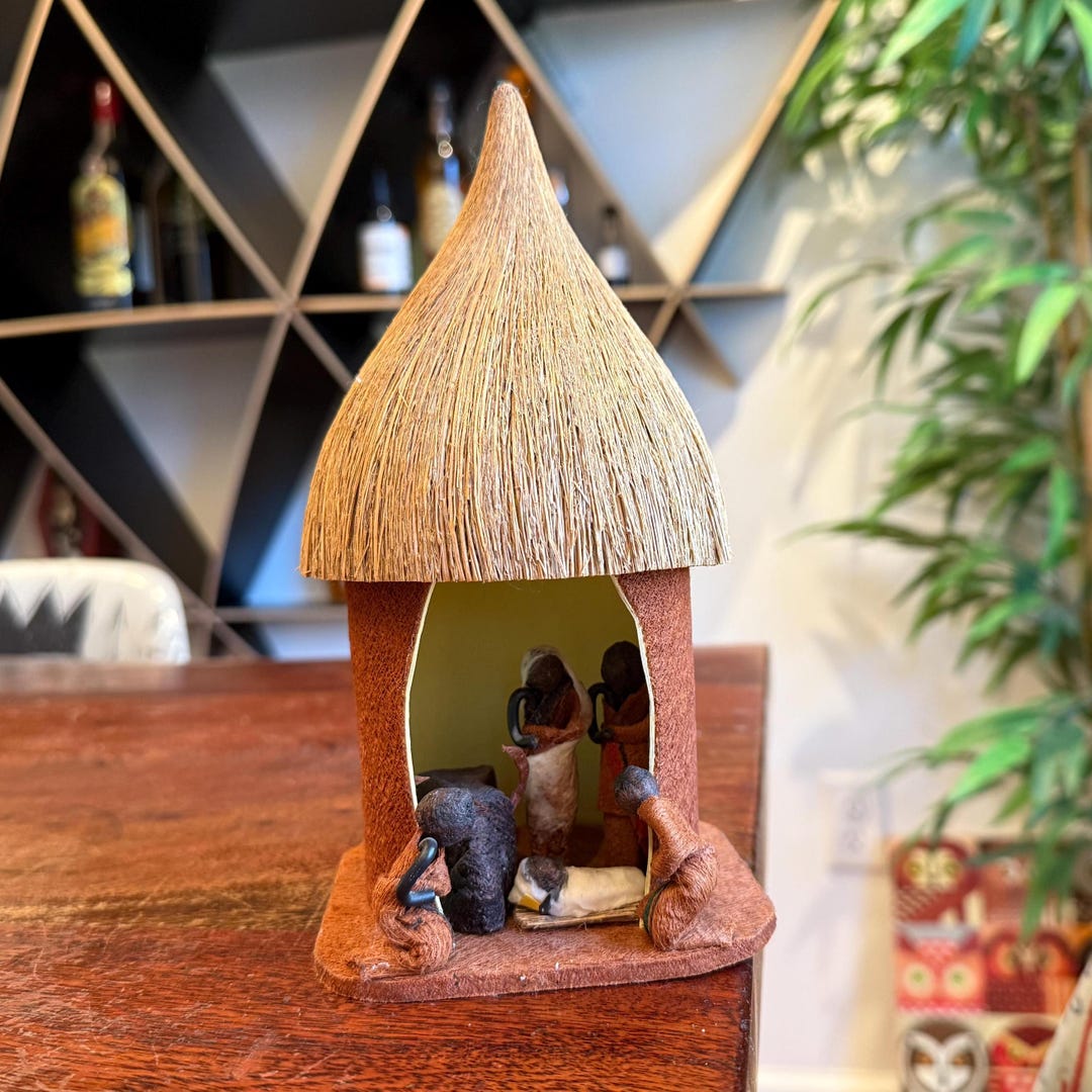 Vintage Ugandan Handmade Nativity Scene in Hut Christmas Figurine Made ...