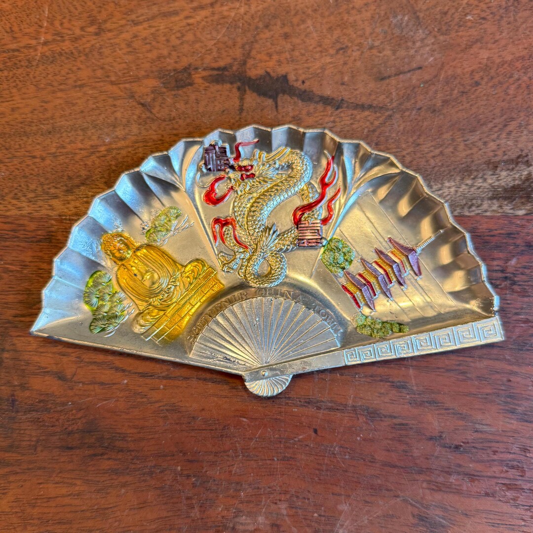 Mid Century China Town Souvenir Metal Hand Fan Shaped Trinket Tray ...