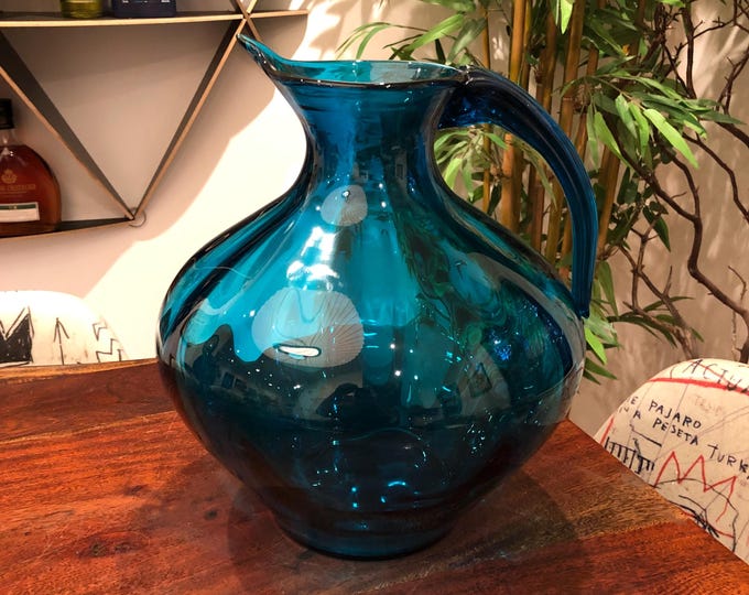 Mid Century Giant Blenko Hand Blown Teal 13.5" Tall Glass Pitcher With ...