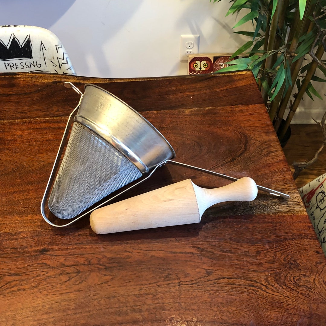 Mid Century Aluminum Funnel Sieve Strainer With Oak Wood Pestle Antique ...