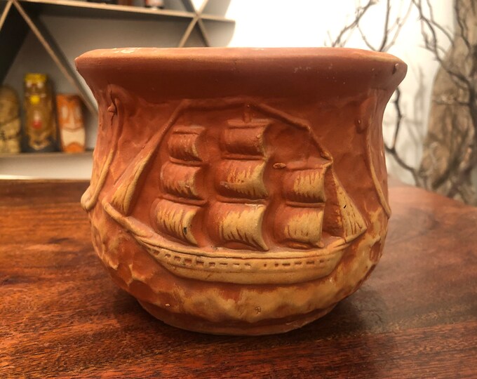 Antique 1940's Clay Pottery Flower Pot With Sailing Ship & Crock Relief ...