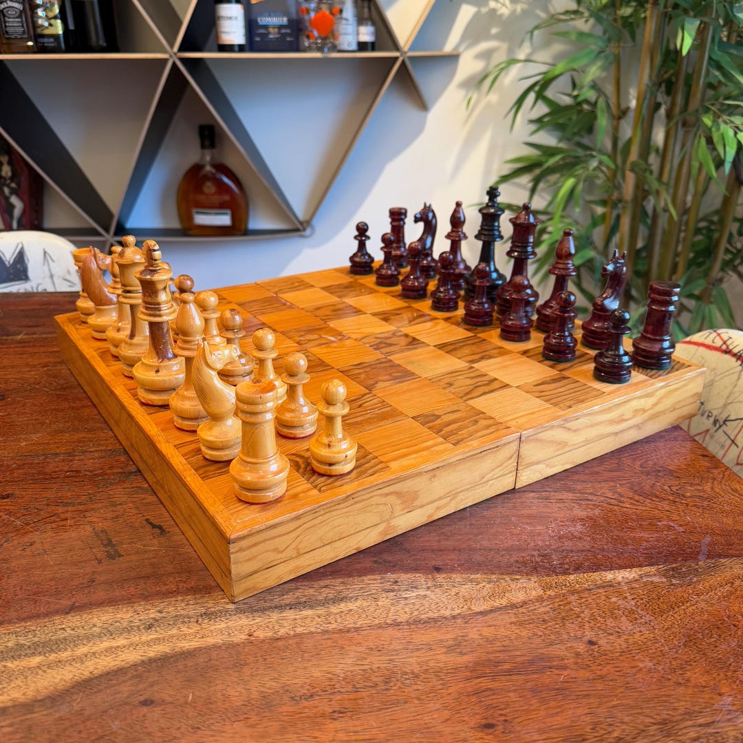 Mid Century Hand Made Fold-up Wooden Chessboard With Complete Chess ...