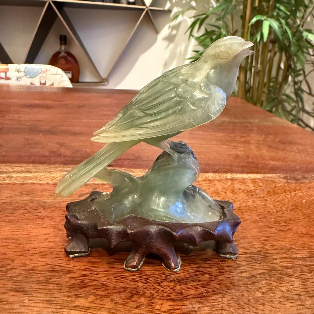 Antique 1920s Chinese Real Jade Hand Carved Magpie Bird Art Carving on ...