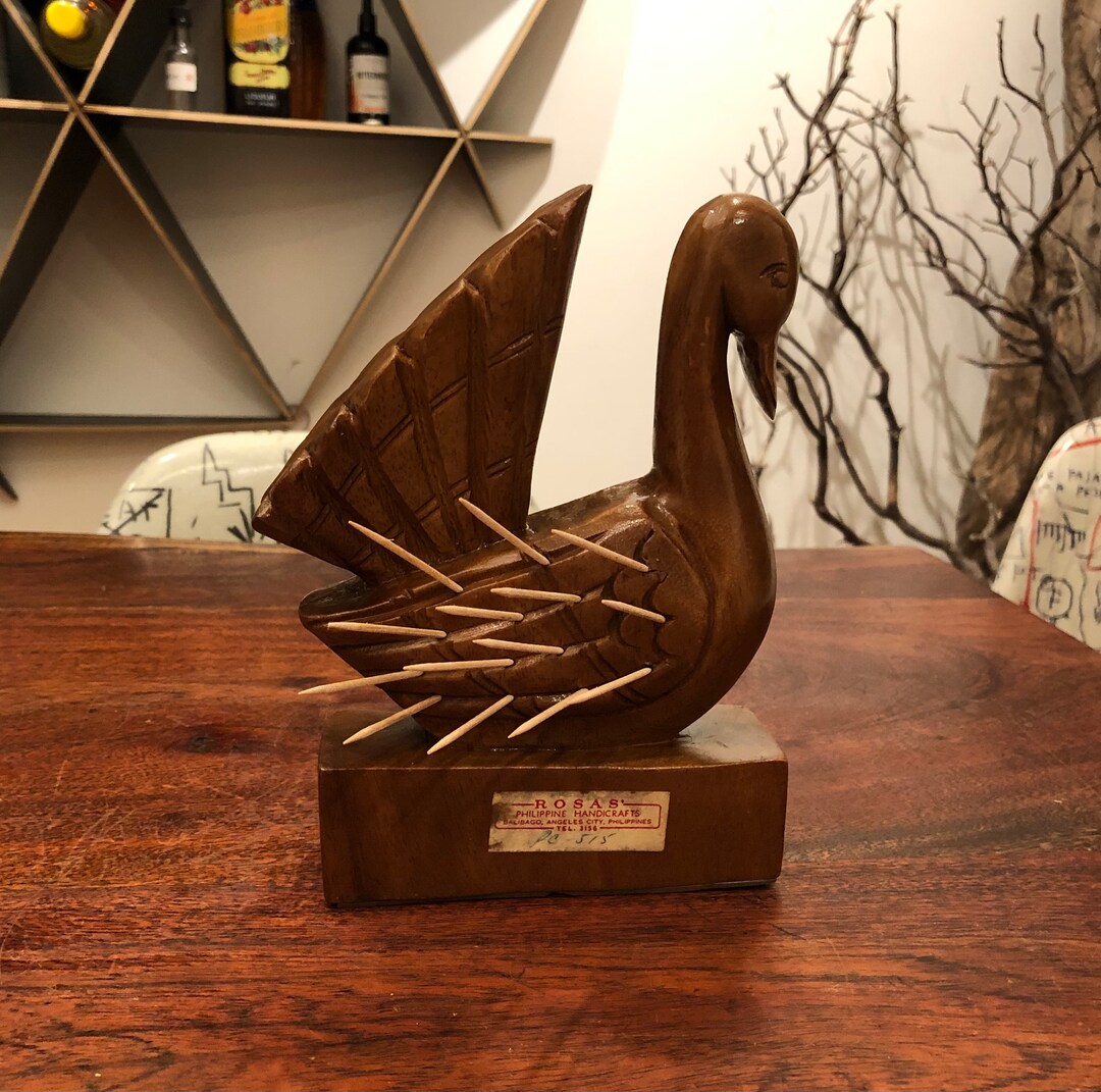 Mid Century Filipino Hand Carved Monkey Pod Wood Swan Toothpick ...