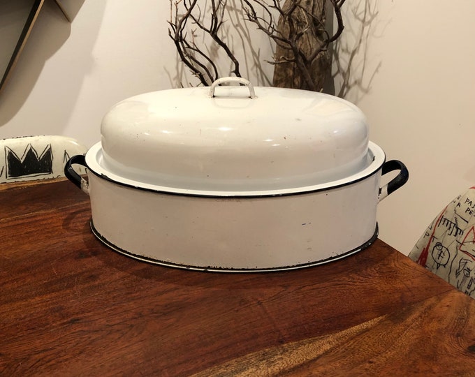 Antique Large White and Black Enamelware Turkey Roaster / Baking Pan ...