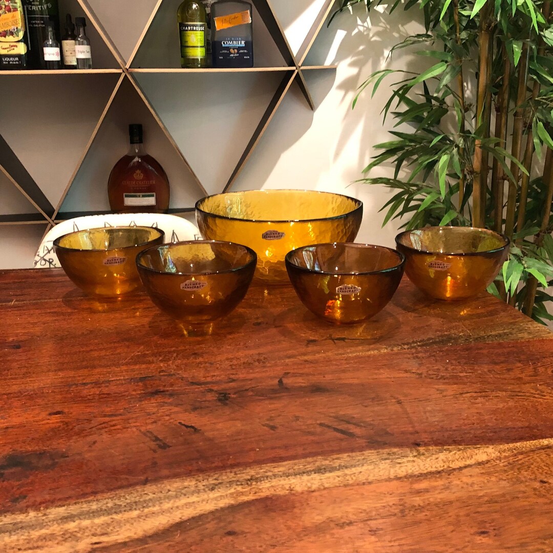 Set of 5 Mid Century BLENKO HANDCRAFT Amber Salad Bowl Set With ...