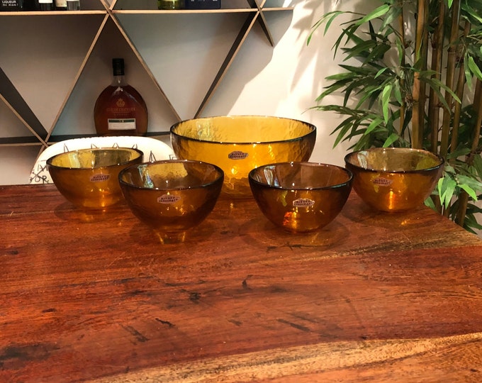 Set of 5 Mid Century BLENKO HANDCRAFT Amber Salad Bowl Set With ...