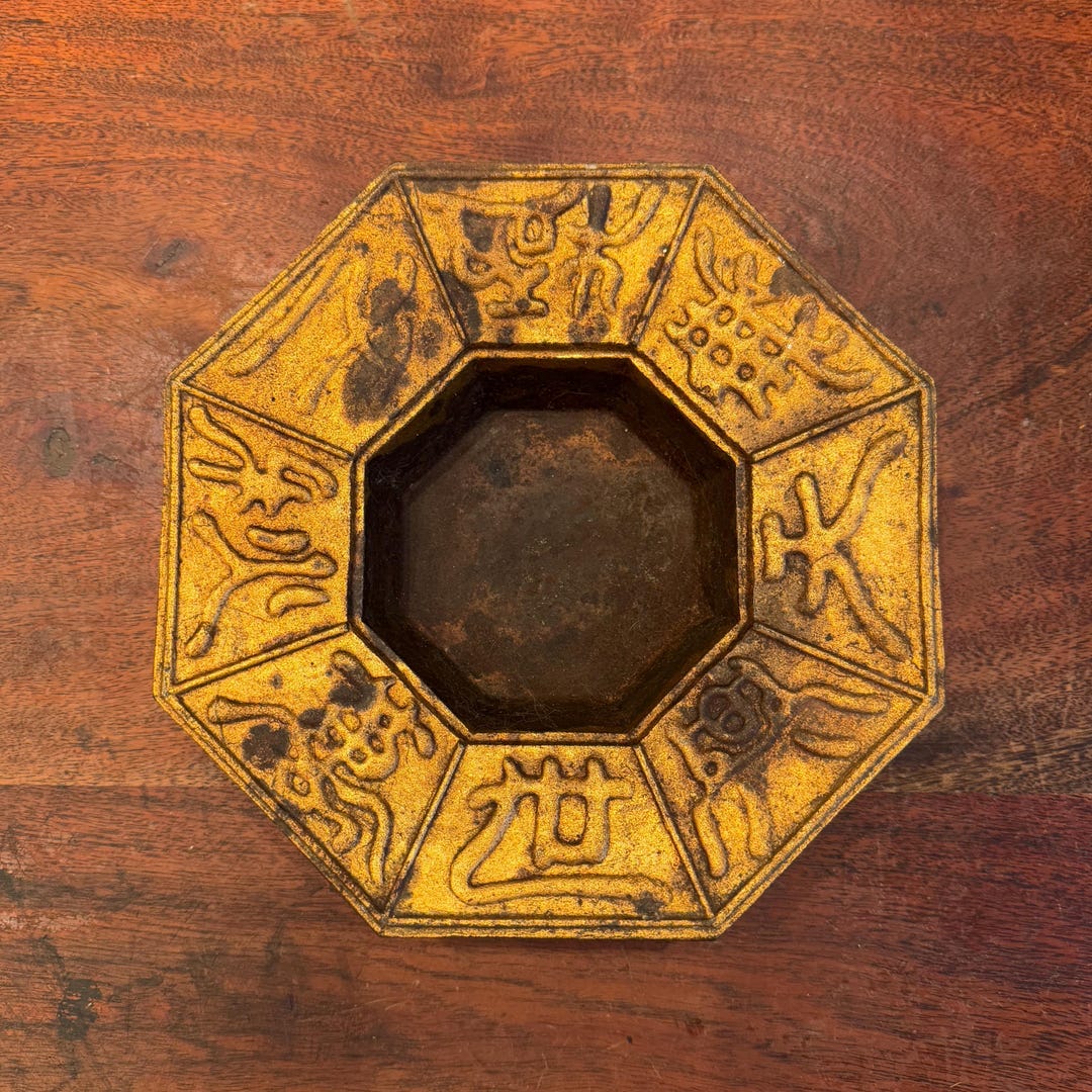 Mid Century Reproduction Antique Chinese Gold Painted Cast Iron Octagon ...