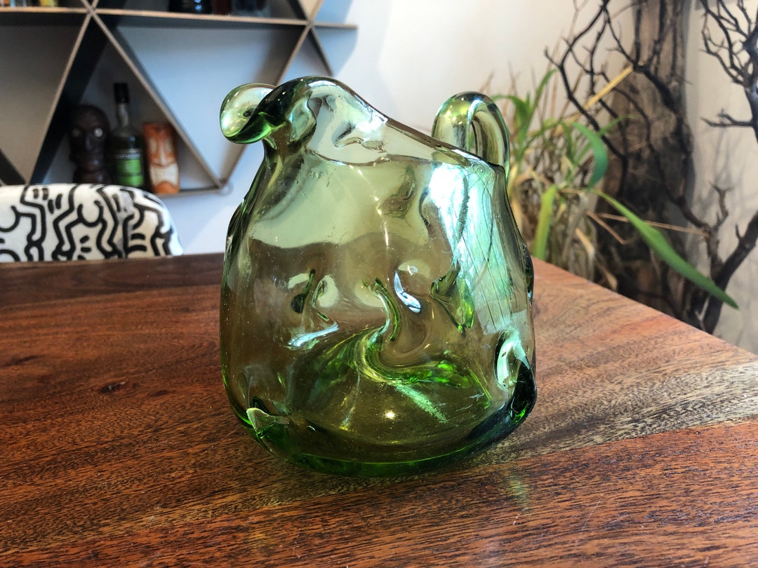Mid Century Hand Blown Bischoff Green Pinched Glass Pitcher With Pontil ...