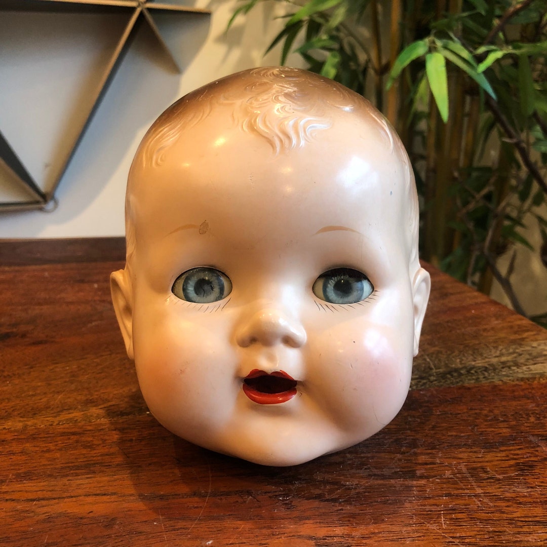 Mid Century Hard Plastic Blinking Eye Doll Head - Vintage Doll Head ...