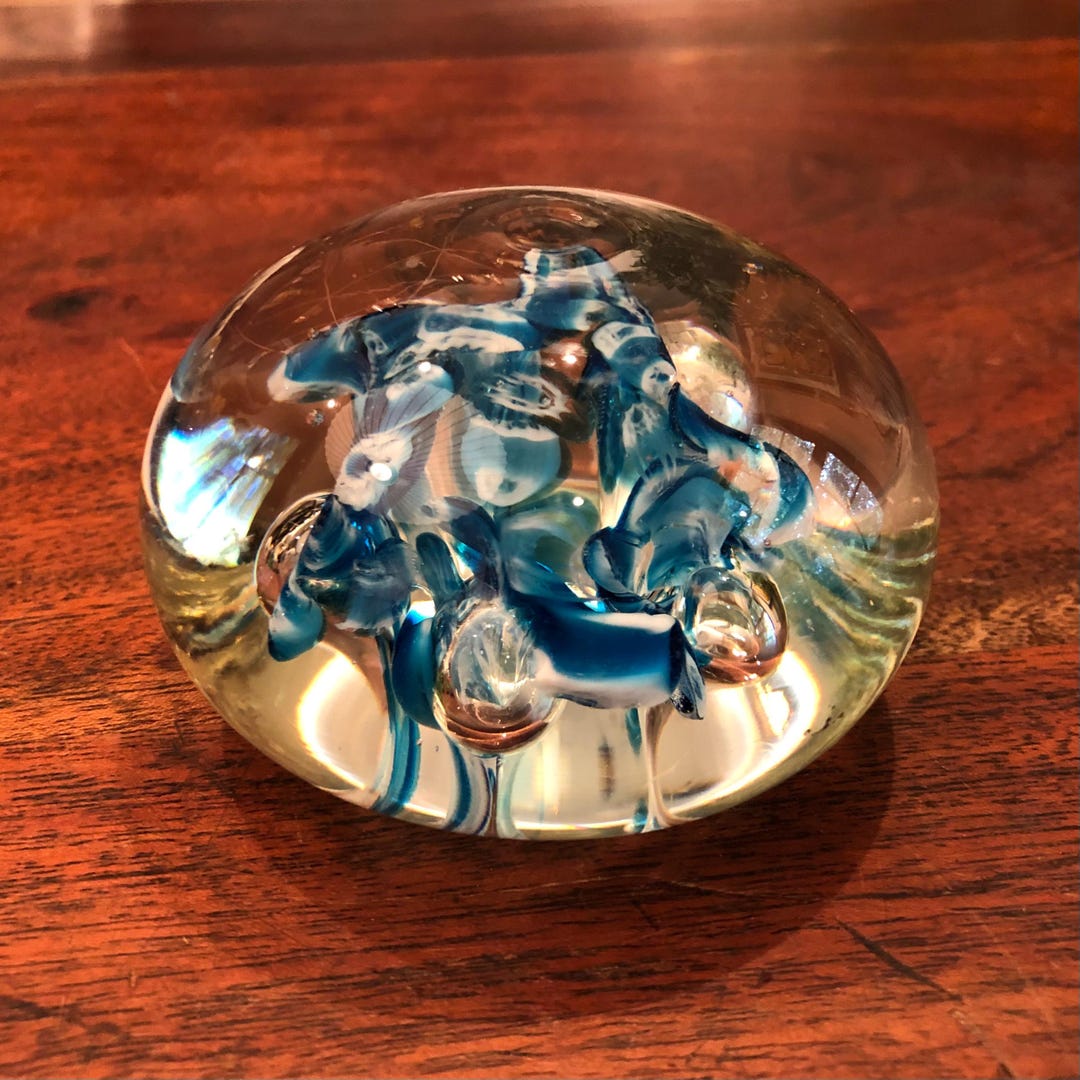 Vintage 1960's Blue & Clear Bubble Glass Paperweight by Norleans - Desk ...