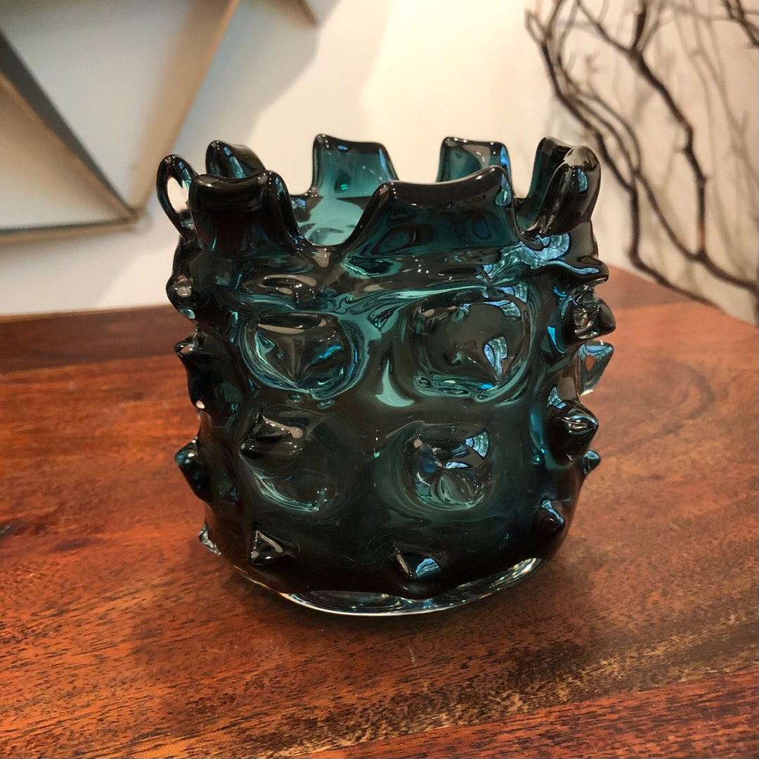 Mid Century Brutalist Dark Teal Blue Thick Thorn Glass Vase / - Etsy