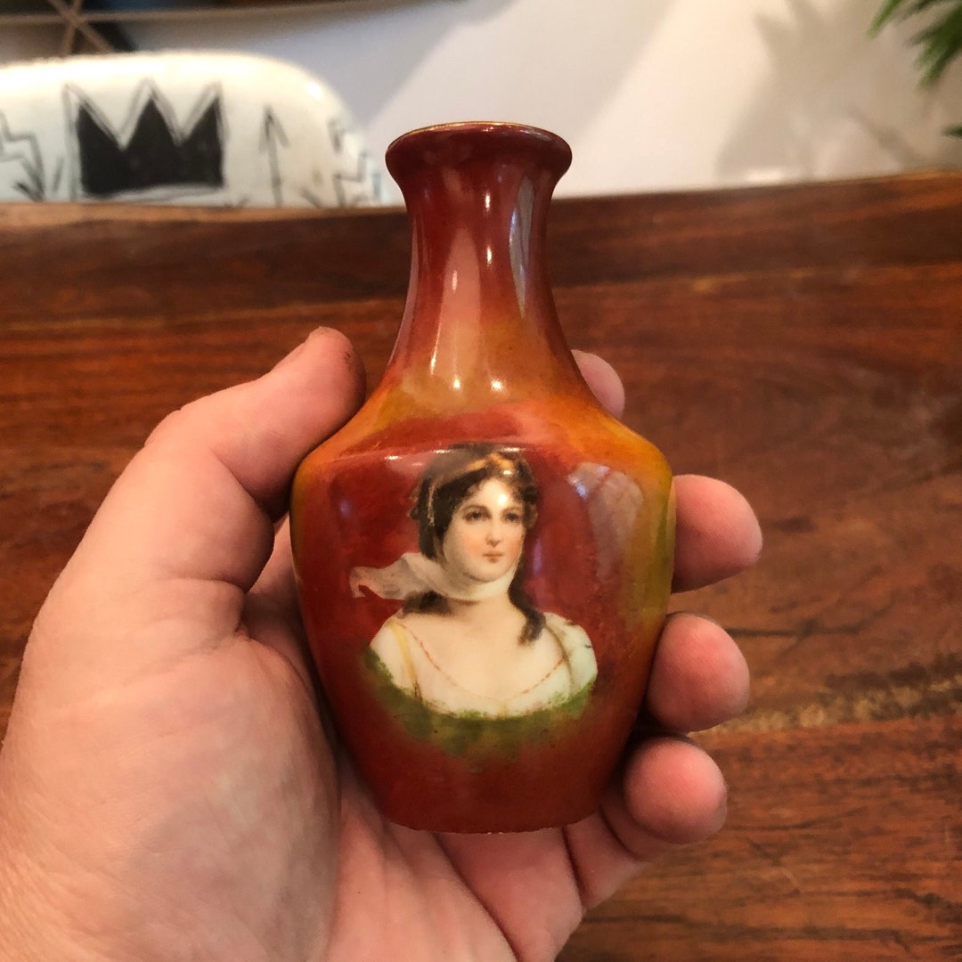 Antique German Miniature Porcelain Portrait Bud Vase of Queen Louise of ...