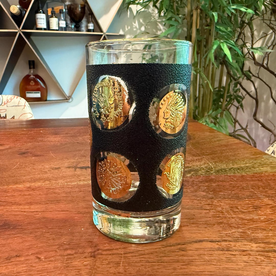 Vintage 1960's Libbey Black Textured & Ancient Gold Coin 12 Oz ...