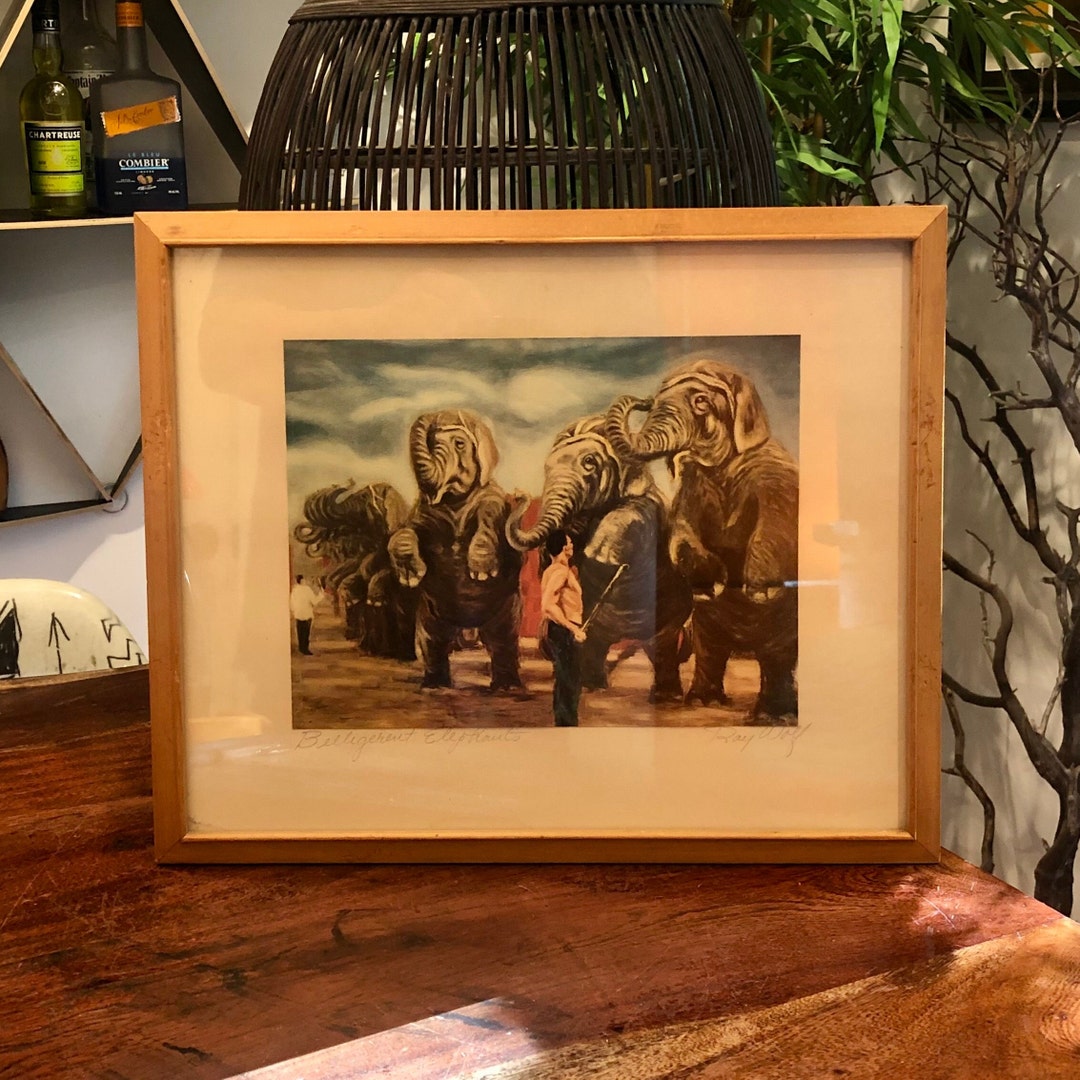 Mid Century C. 1950 Hand Signed Ray Wolf - Belligerent Elephants Big ...