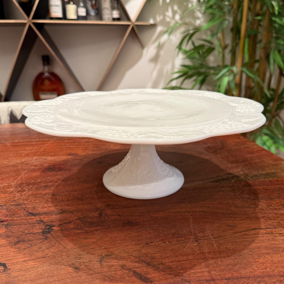 Mid Century Colony Milk Glass 12.5" Wide Cake Stand With Grapes & Grape ...