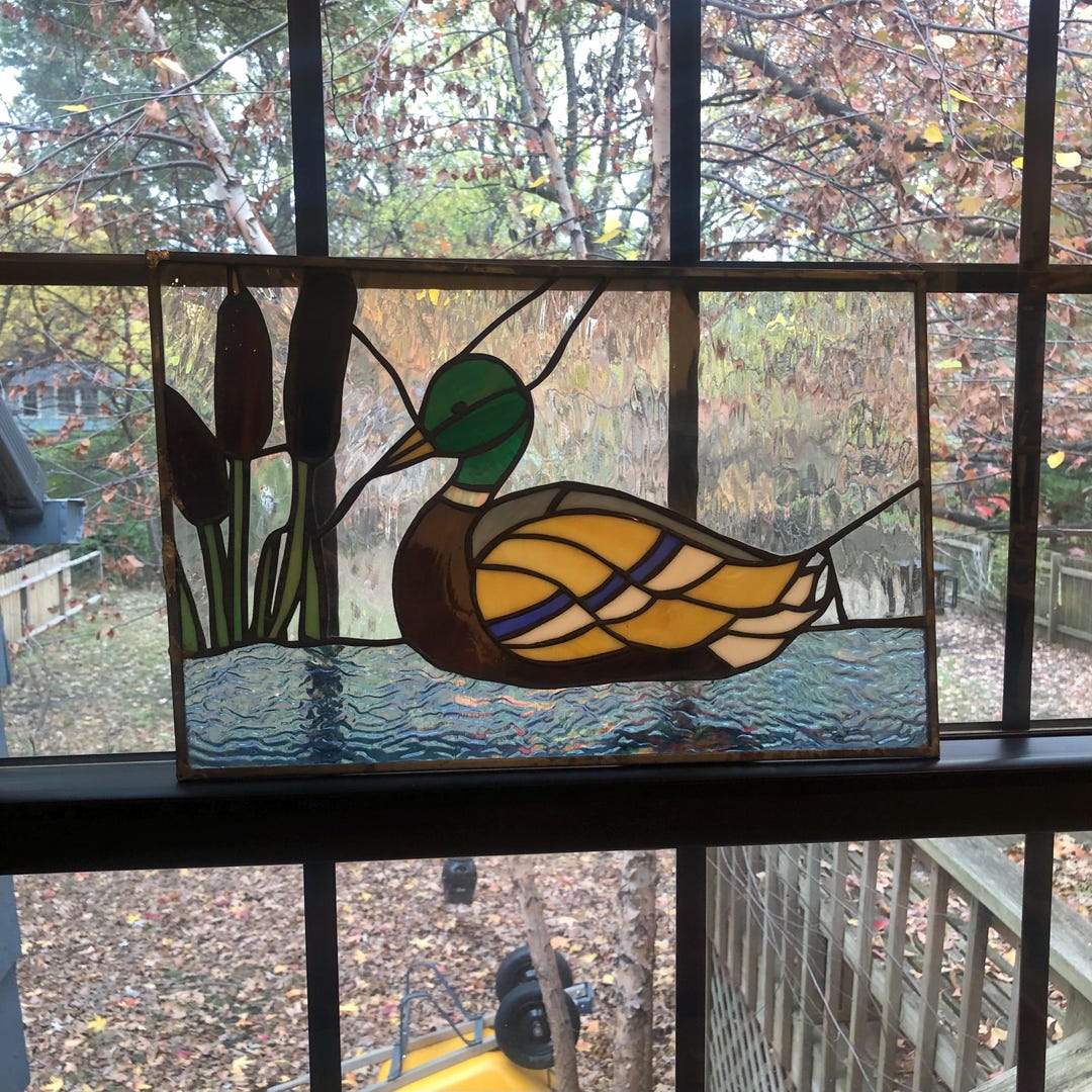 Vintage Hand Made Stained Glass Window With Mallard Duck & Cattails ...