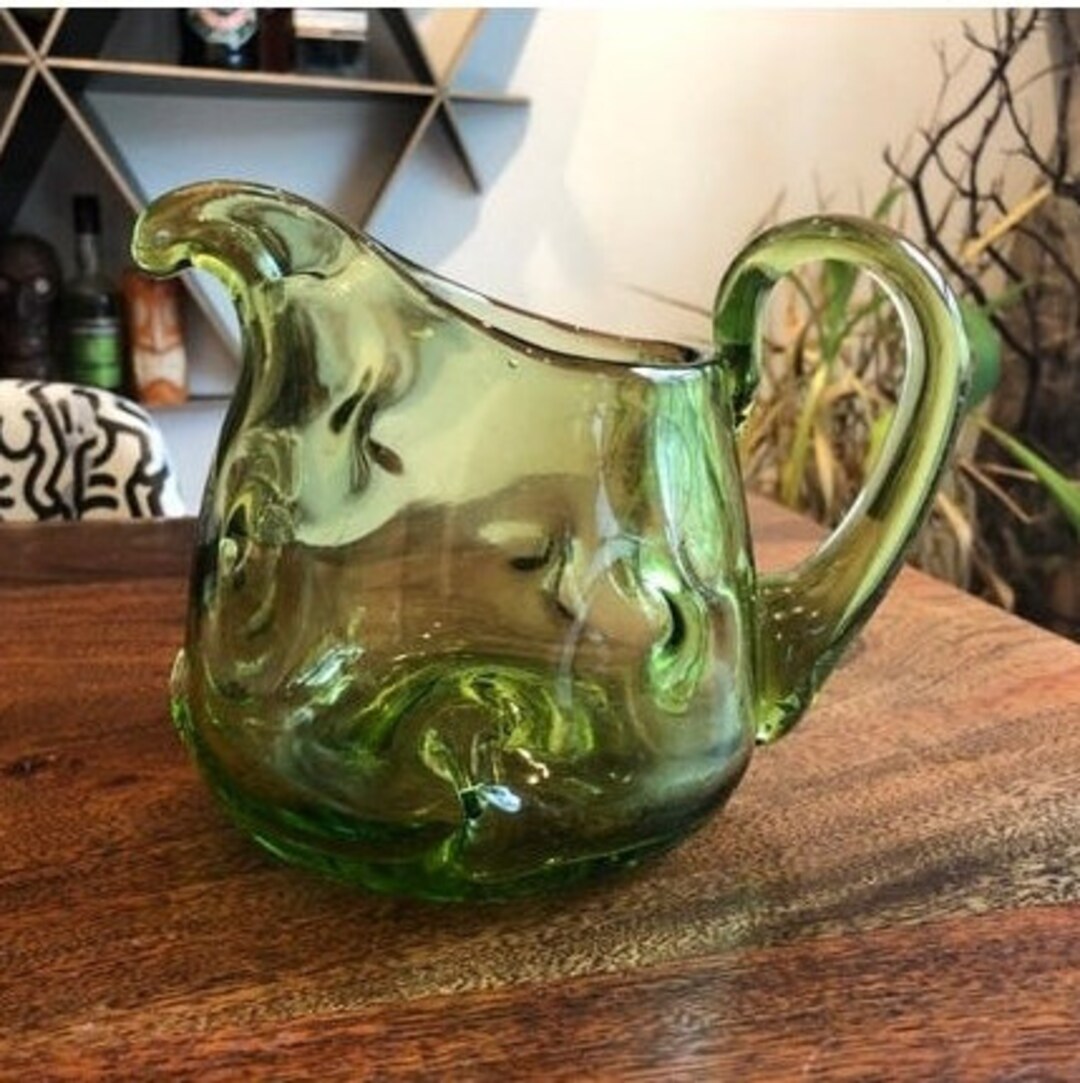 Mid Century Hand Blown Bischoff Green Pinched Glass Pitcher With Pontil ...