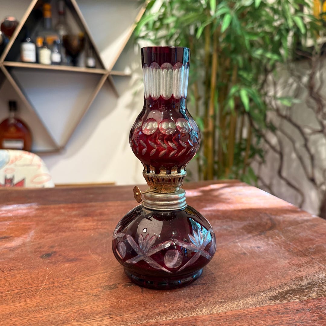 Mid Century Bohemian Ruby Red Cut Glass Miniature 6-7/8" Oil Lamp ...