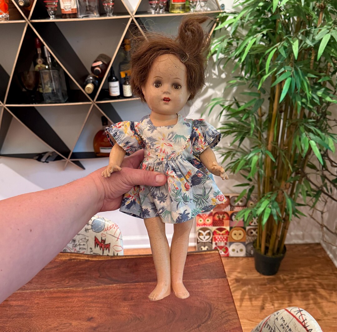 Antique Composite Blinking Eyes Children's Brown Haired Girl Doll With ...