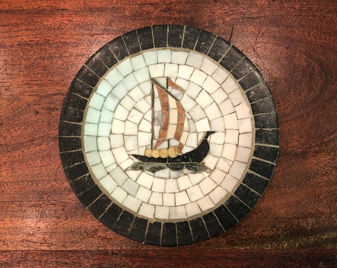 Vintage Scandinavian Souvenir Marble Mosaic Tile Viking Warrior Ship on ...