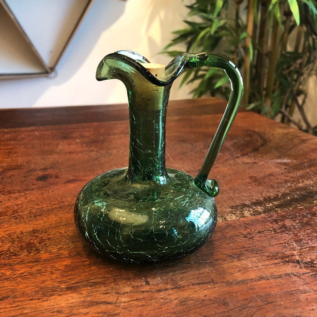 Mid Century Emerald Green Crackle Glass 4 Oz. Olive Oil & Vinegar Cruet ...