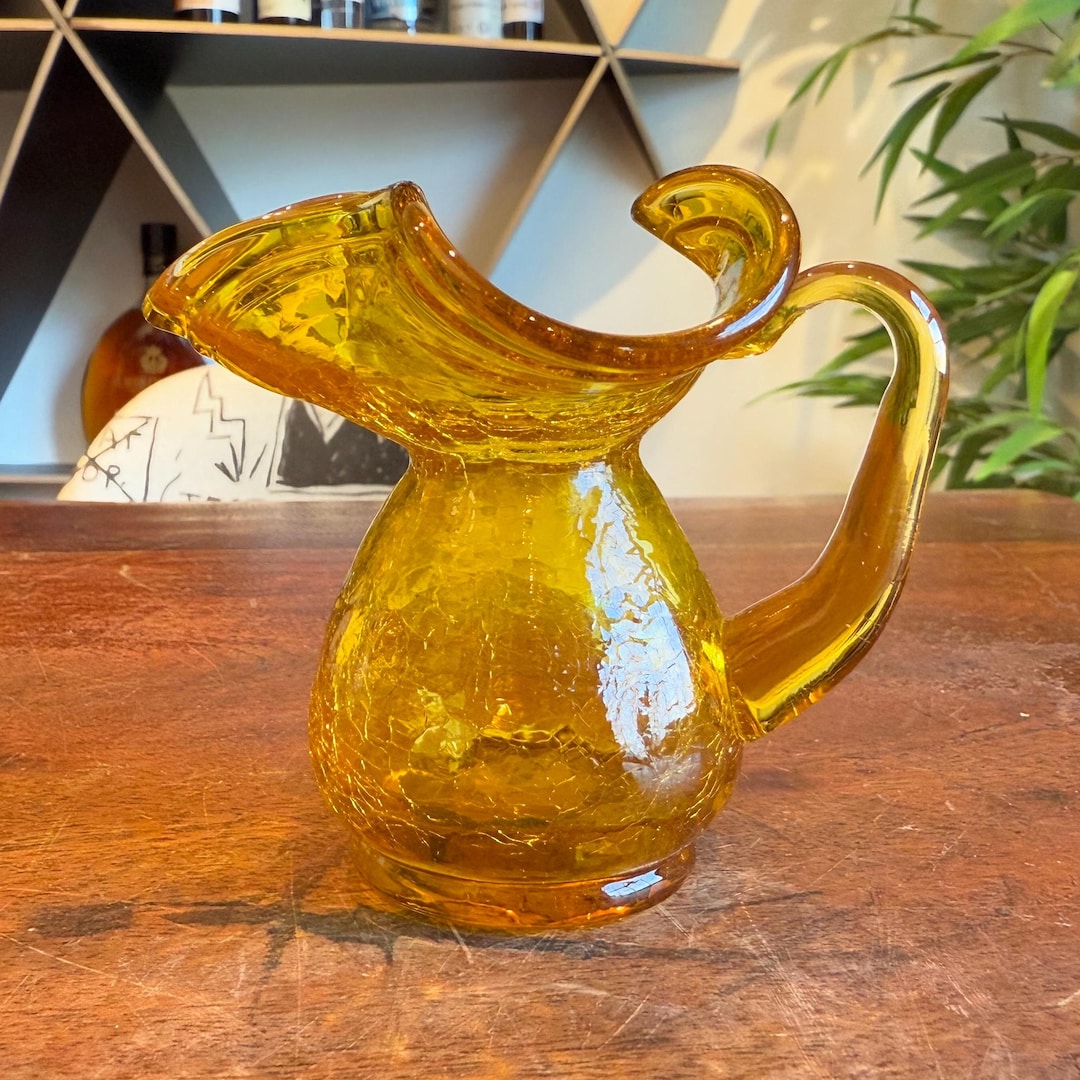 Mid Century Modern Hand Made Rich Yellow Crackle Glass Mini Pitcher ...