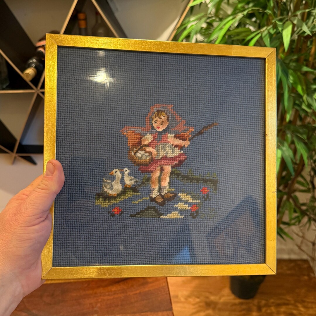 Mid Century Hand Stitched Needlepoint Girl With Egg Basket & Geese in ...