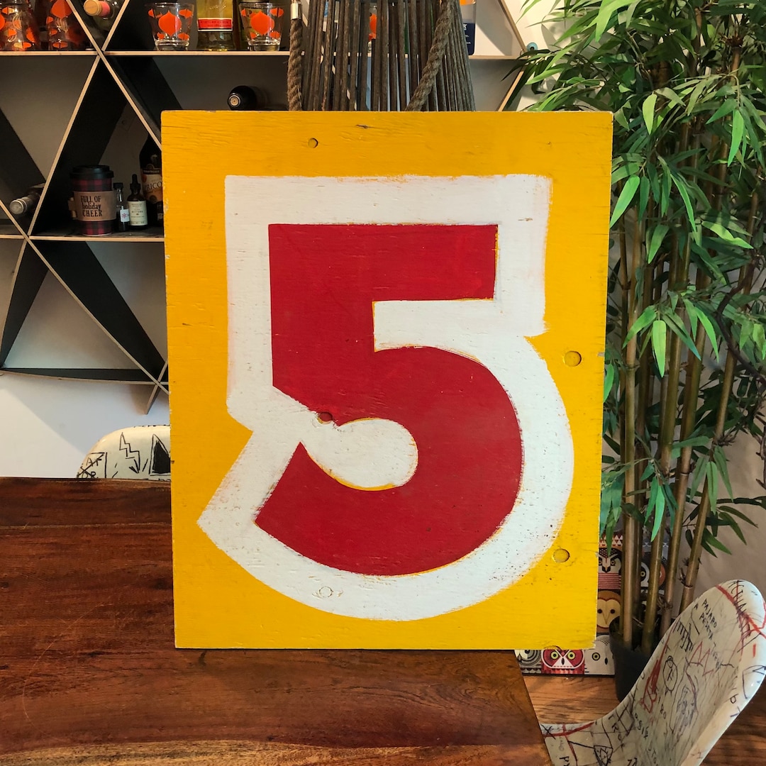 Mid Century Hand Painted Reversible Numbers 4 & 5 Sign on Plywood ...