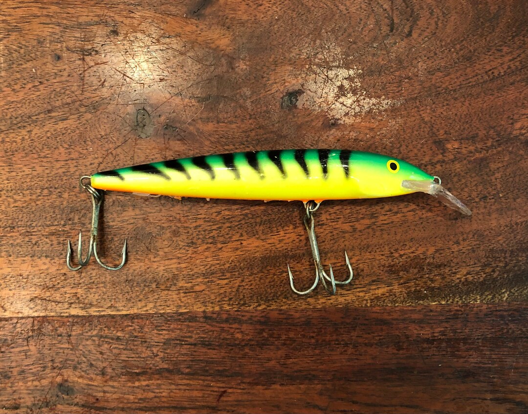 Vintage FINLAND RAPALA MAGNUM Green Yellow & Orange Large Fishing Lure ...