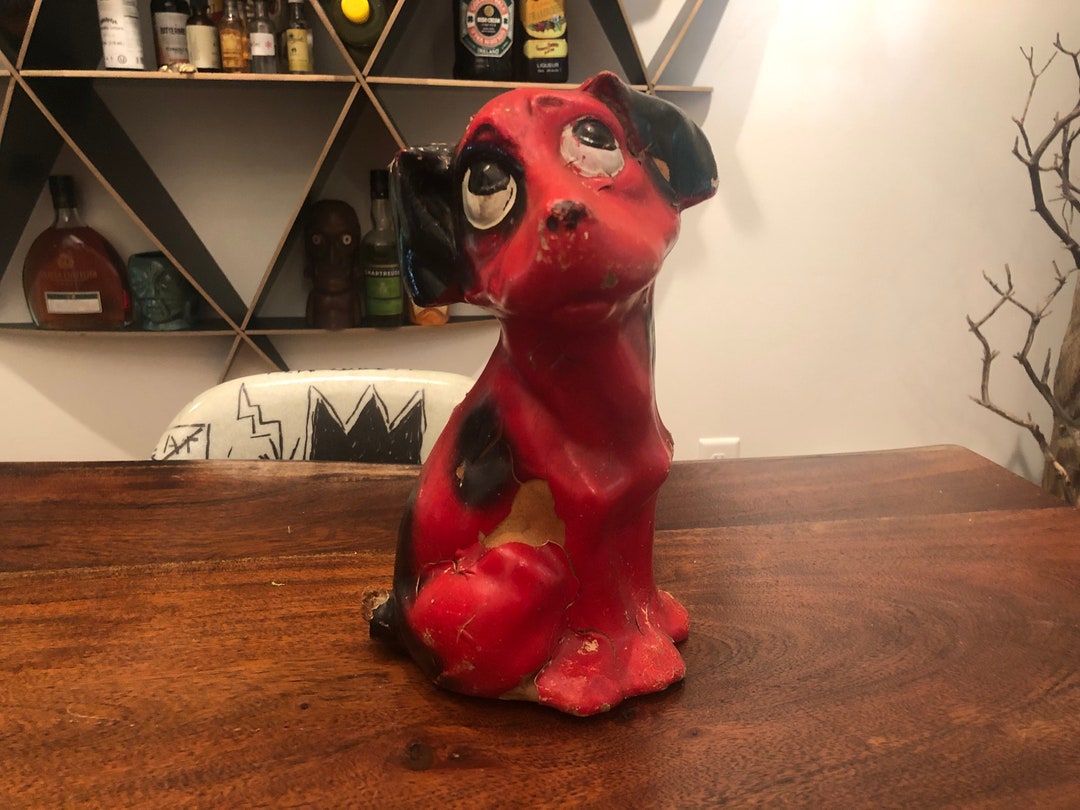 Antique 1930s Thick Wood Pulp 10" Tall Red & Black Puppy Dog Statue ...
