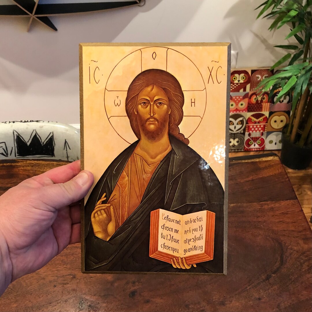 Vintage Russian Jesus Christ Icon Art Print on Particle Board Wall ...